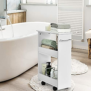 Tangkula Slim Bathroom Storage Shelves, Wooden Rolling Storage Cabinet w/ 3-Tier Shelves, Lockable Wheel, Towel Bar, Side Storage Organizer for Kitchen, Bathroom, Laundry, 18 x 8 x 25.5 inches (White)