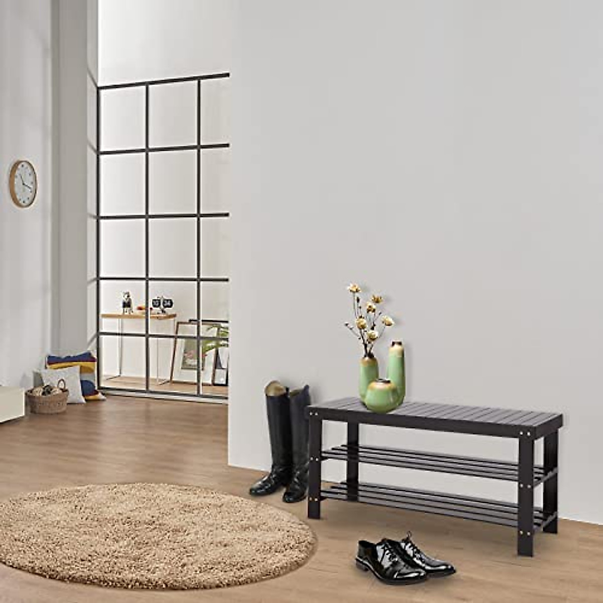Karl home 3-Tier Bamboo Shoe Rack Bench, Entryway Shoes Storage Shelf Organizer Holds 550 LBS, Shoes Change Benches for Front Door Bathroom Hallway Bedroom Living Room 35.4 x 11 x 17.7 Inches Coffee