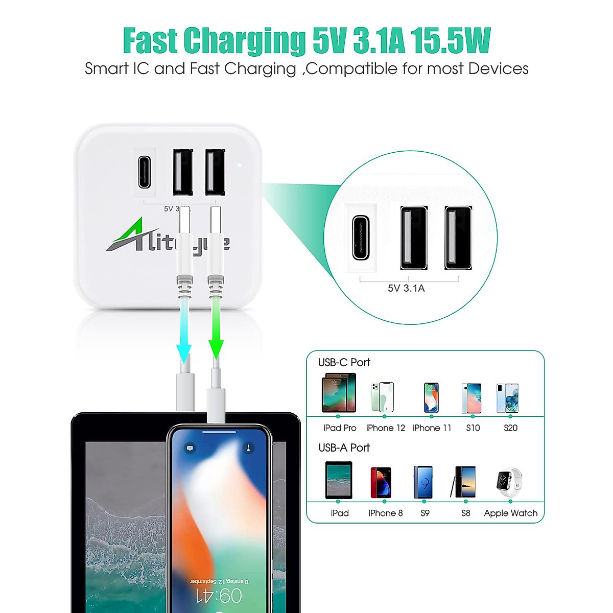 Alitayee USB C Multi Plug Outlet Extender,USB Outlet Splitter, Cube Multi Plug Adapter with 3 Outlets and 3 USB 15.5W Fast Charging, No Surge Protector for Cruise Travel Home Office ETL Listed White