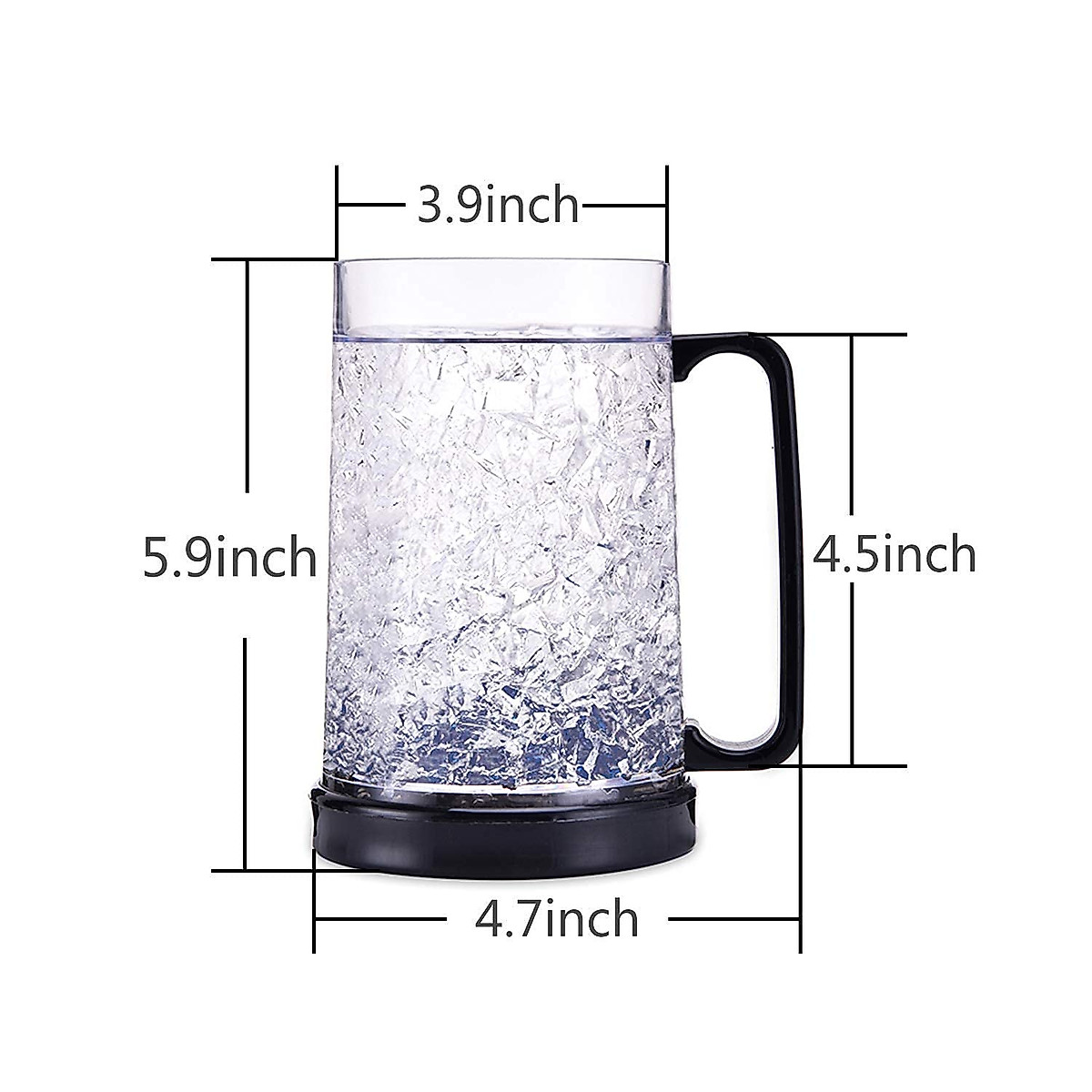 Freezer Ice Beer Mugs, Drinking Glasses, Double Wall Gel Frosty Beer Mugs, Cooling Wine Cups for Parties and Gifts, Clear 16oz Set of 3 (Blue, Red and Black)