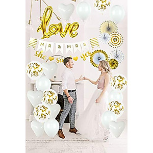 VIDAL CRAFTS Gold Engagement Party Decorations, 6 Pcs Paper Fans, MR&MRS Banner, Love Foil Balloon, Engagement Balloons, She Said Yes Banner, Gold Themed Engagement Party Kit or any kind of engagement party decor