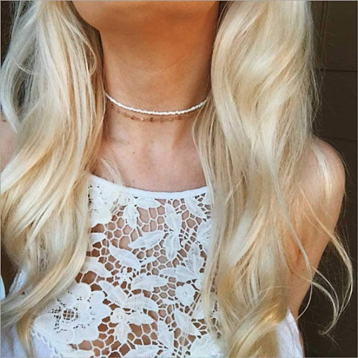 Yalice Boho Choker Necklace Chain Rice Beaded Necklaces Summer Surfer Costume Neck Accessories for Women (White)