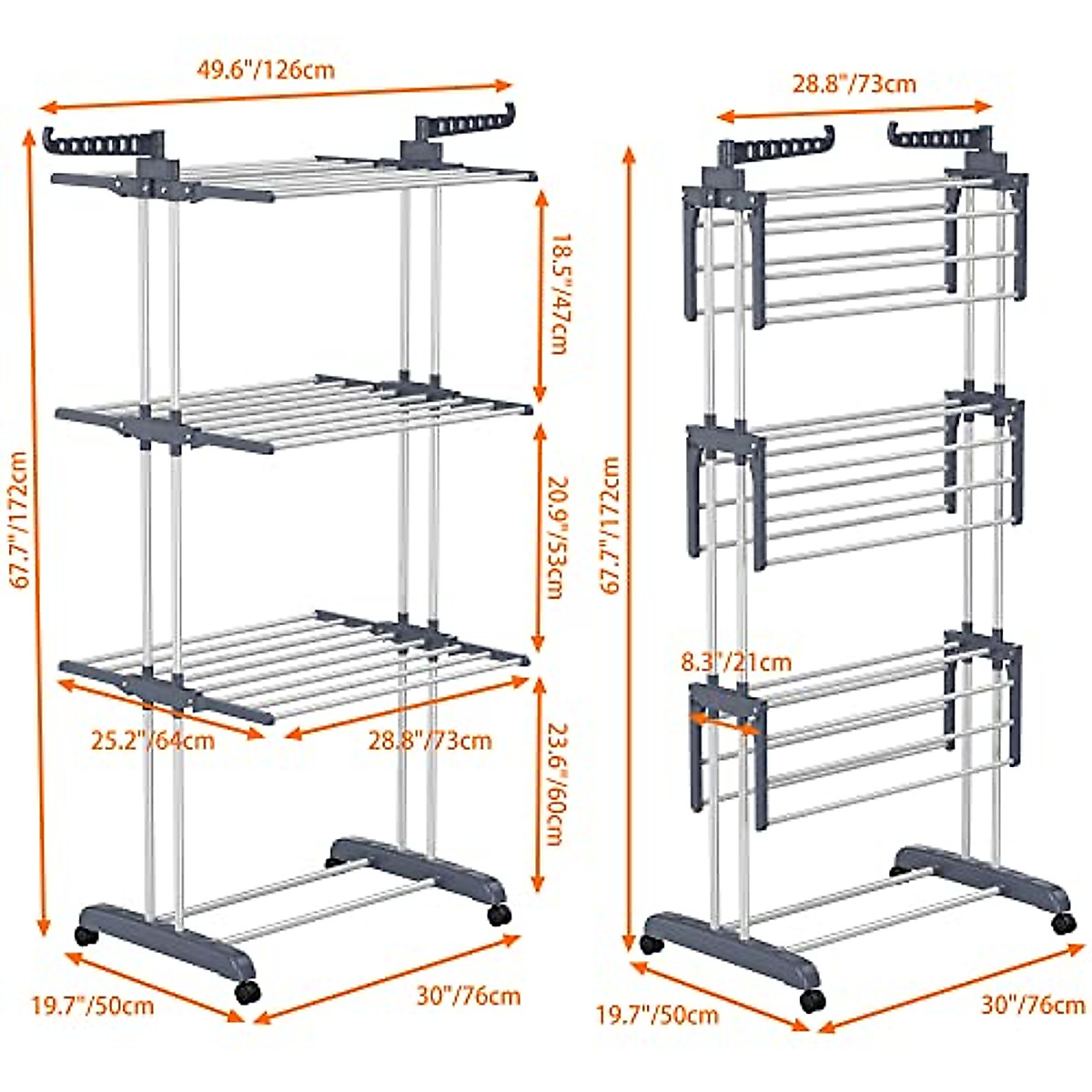HOMIDEC Clothes Drying Rack, Oversized 4-Tier(67.7" High) Foldable Stainless Steel Drying Rack Clothing, Movable Drying Rack with 4 castors, 24 Drying Poles & 14 Hooks for Bed Linen, Clothing, Grey