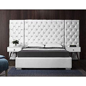 Meridian Furniture Grande Collection Modern | Contemporary Velvet Upholstered Bed with Luxurious Deep Button Tufting and Stainless Steel Legs in Polished Chrome Finish, White, King