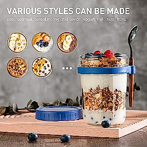 2 Pack Overnight Oats Containers with Lids and Spoons, 12 oz Glass Mason Overnight Oats Jars, Airtight Oatmeal Container with Measurement Marks for Yogurt Milk Cereal Vegetable and Fruit Salad