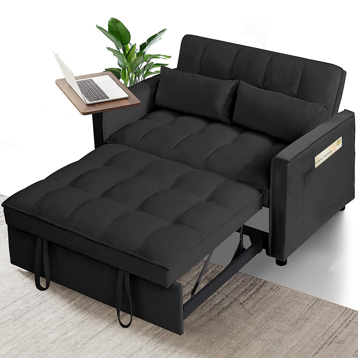 Rovibek 3 in 1 Convertible Sleeper Sofa Bed Loveseat Pull Out Couch Bed 55 Inch Velvet Futon Couch Lounge with Side Table, Reclining Backrest, Pillows, Pockets, Furniture for Living Room