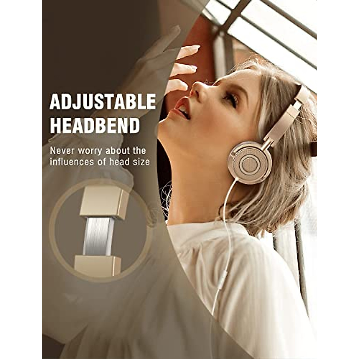 Nasuque Wired Headphones with Microphone, Portable Foldable Headsets with Stereo Bass, Noise Isolating and Adjustable Headband for Home Office Travel (Gold)