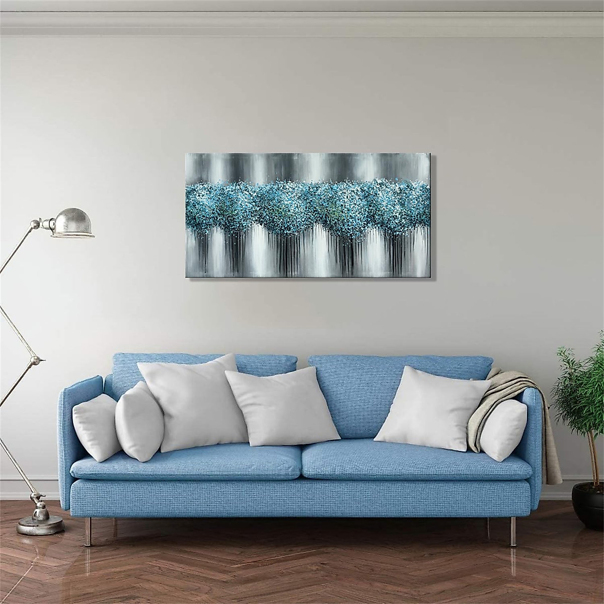 Hand Painted Abstract Blue Wall Art 46x23 Inches, Large Wall Paintings with 3D Effect, Textured Canvas Wall Art for Living Room, Bedroom, etc.