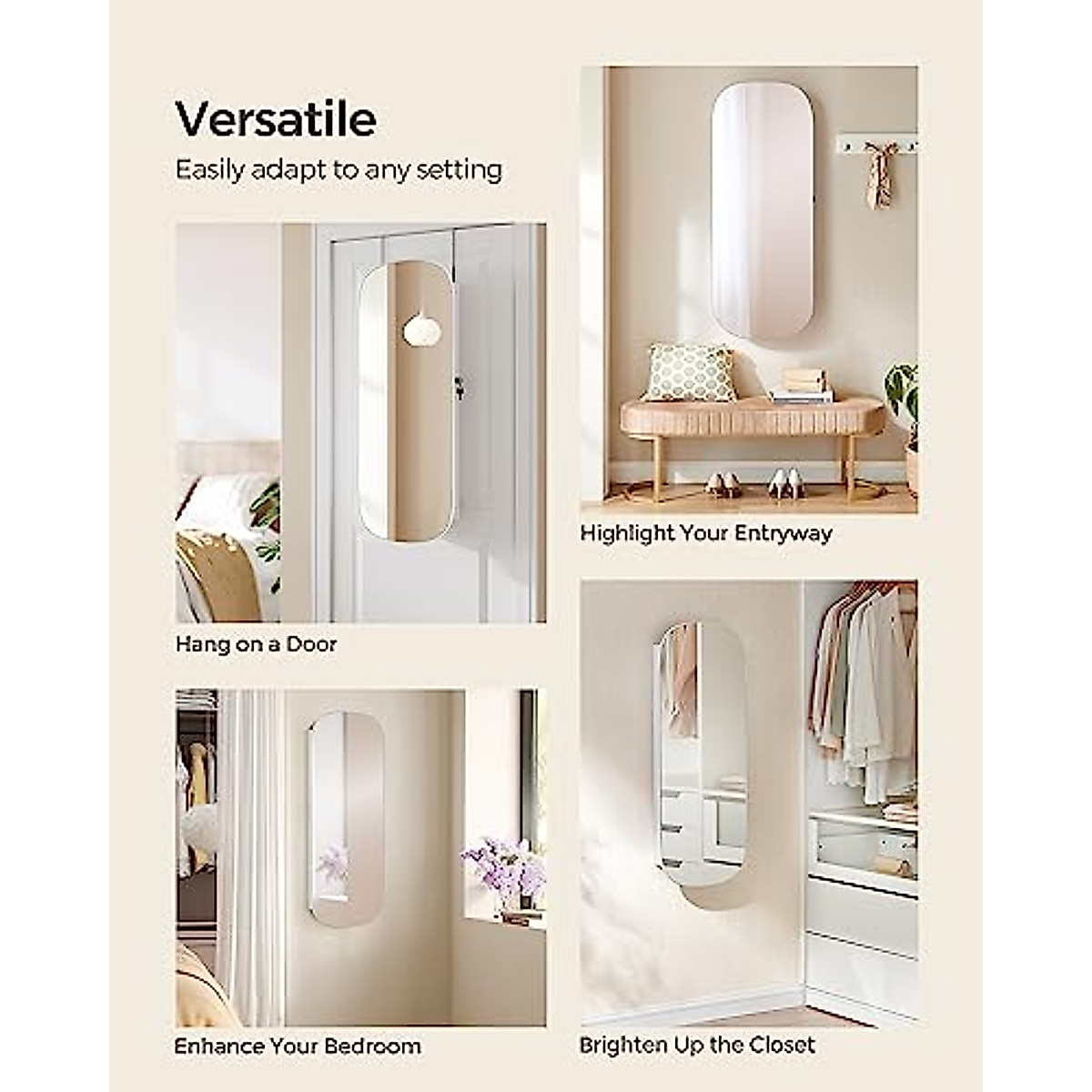 SONGMICS Jewelry Organizer, LED Jewelry Cabinet Wall/Door Mounted, Lockable Rounded Wide Mirror with Storage, Interior Mirror, 3.9 x 16.5 x 42.5 Inches, White Surface with Greige Lining UJJC026W01