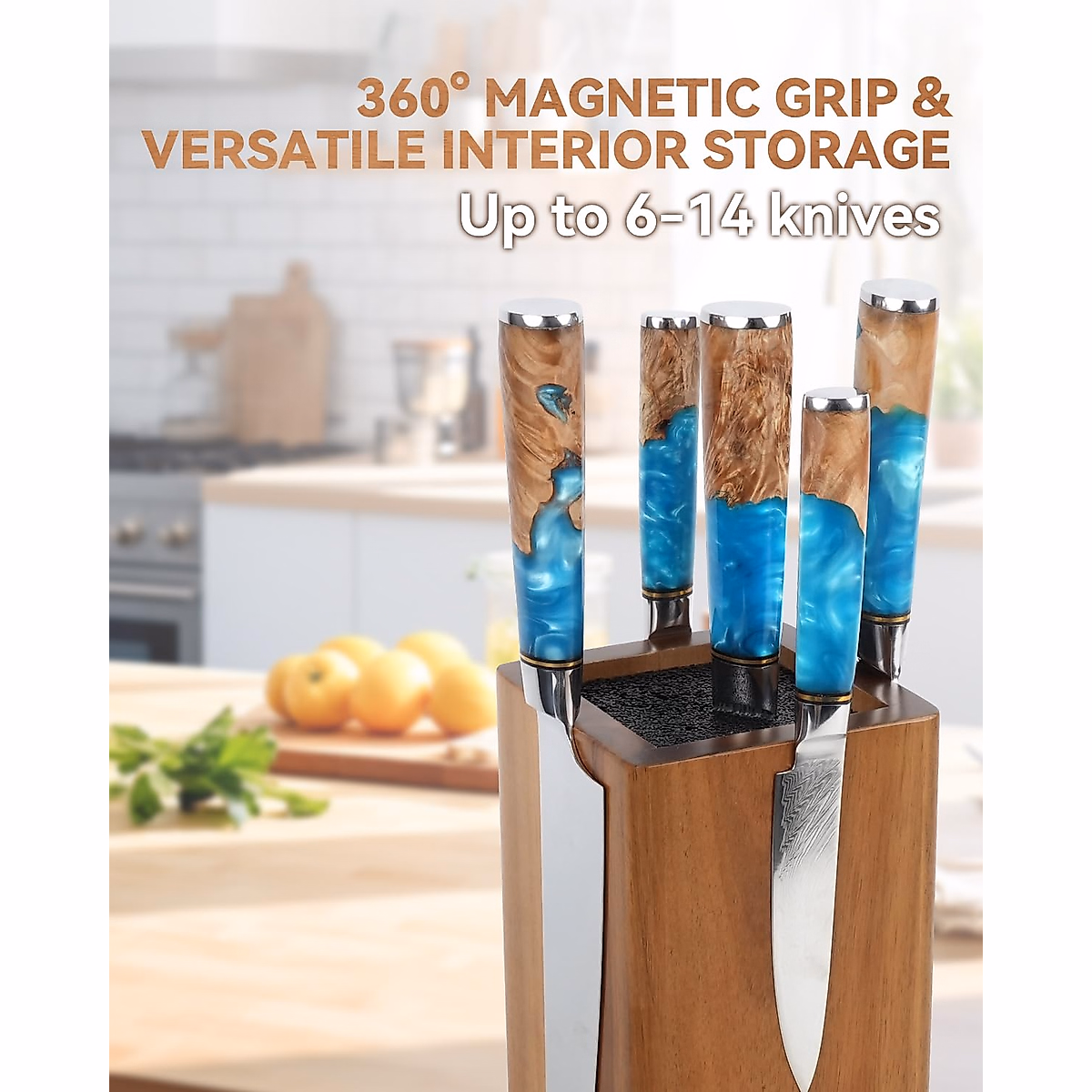 KUCHEASY Magnetic Knife Block 360° Rotating Wood Universal Knife Holder with Four Side Ultra Strong Magnets, Knife Storage Rack with Removable Bristles, Multifunctional Storage for Kitchen Counter Top