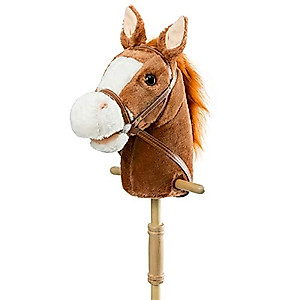 HollyHOME Outdoor Stick Horse with Wood Wheels Real Pony Neighing and Galloping Sounds Plush Toy Dark Brown 36 Inches(AA Batteries Required)