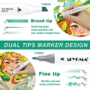Y YOMA 60 Colors Alcohol Markers Dual Tip Markers Brush Tip Set, Unique Colors (1 Marker Case) Alcohol-based Ink, Fine & Chisel, White Penholder