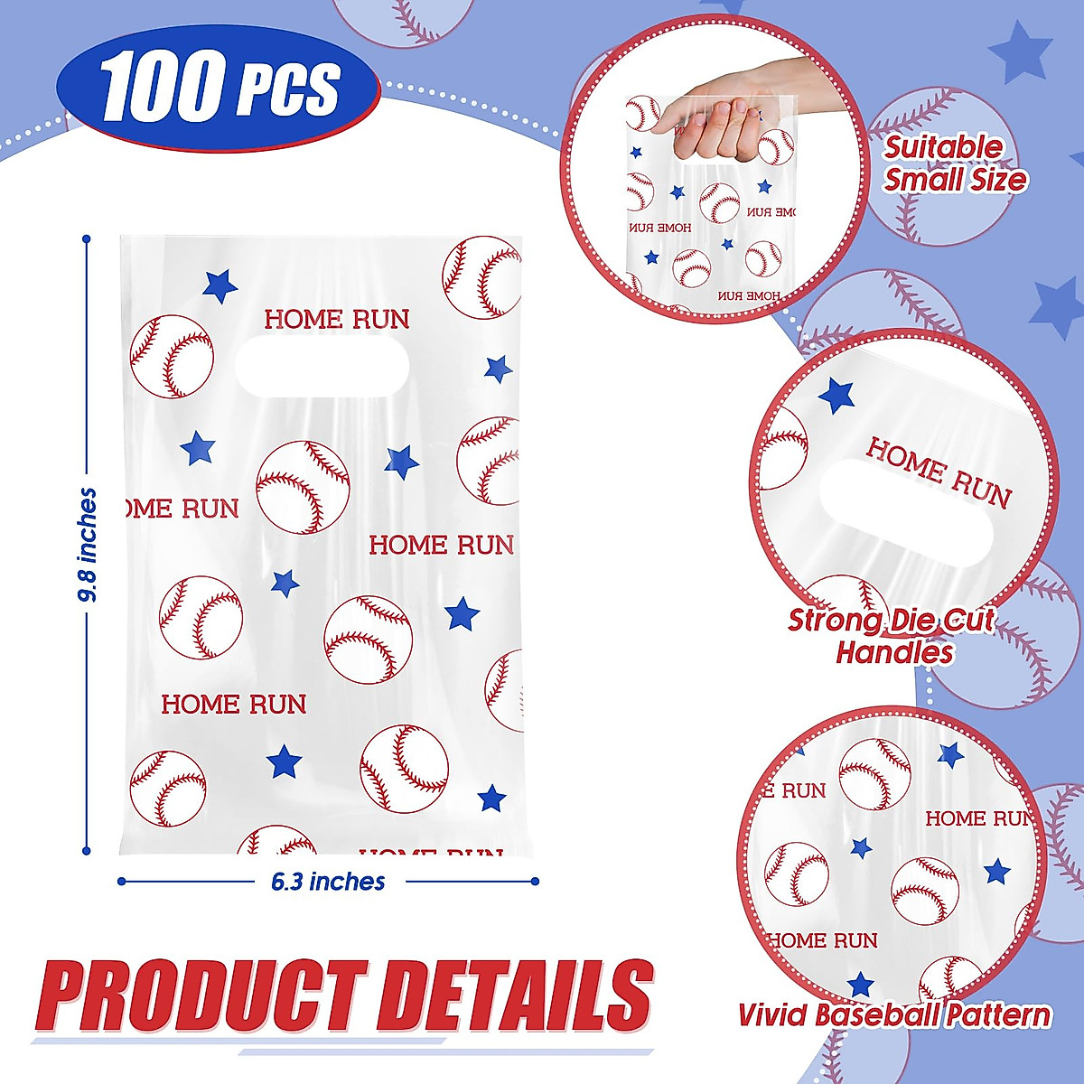 Cholemy 100 Pcs Baseball Gift Bags for Snacks Clear Baseball Goodie Bags with Handles Plastic Baseball Party Favors Sport Candy Treat Bags Baseball Birthday Party Supplies for Teams, 6.3 x 9.8 Inch