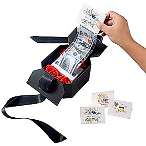 JSUPMKJ Money Pull Box for Cash Gift, Money Roll Gift Box with Flower, Ribbon Gift Box, Money Gift Box Pull for Birthday/Christmas/Valentine's Day (Black)