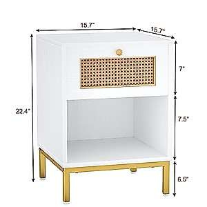 Ecoprsio Nightstands Set of 2 for Bedroom, Boho Bed Side Table with Storage Drawer, Mid-Century Modern Night Stand with Wood Finish and Rattan Drawer, End Table, Sofa Couch Side Table - White
