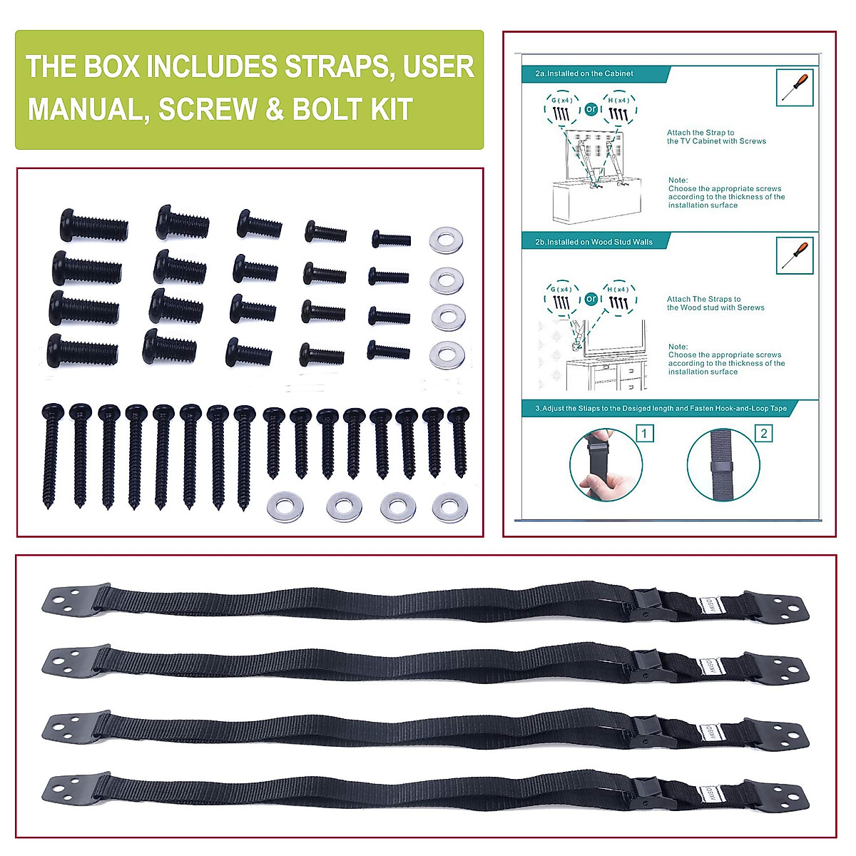 Furniture Anchors for Baby Proofing, Anti-tip TV Straps Safety, All Metal Parts, 4 Pack - Black