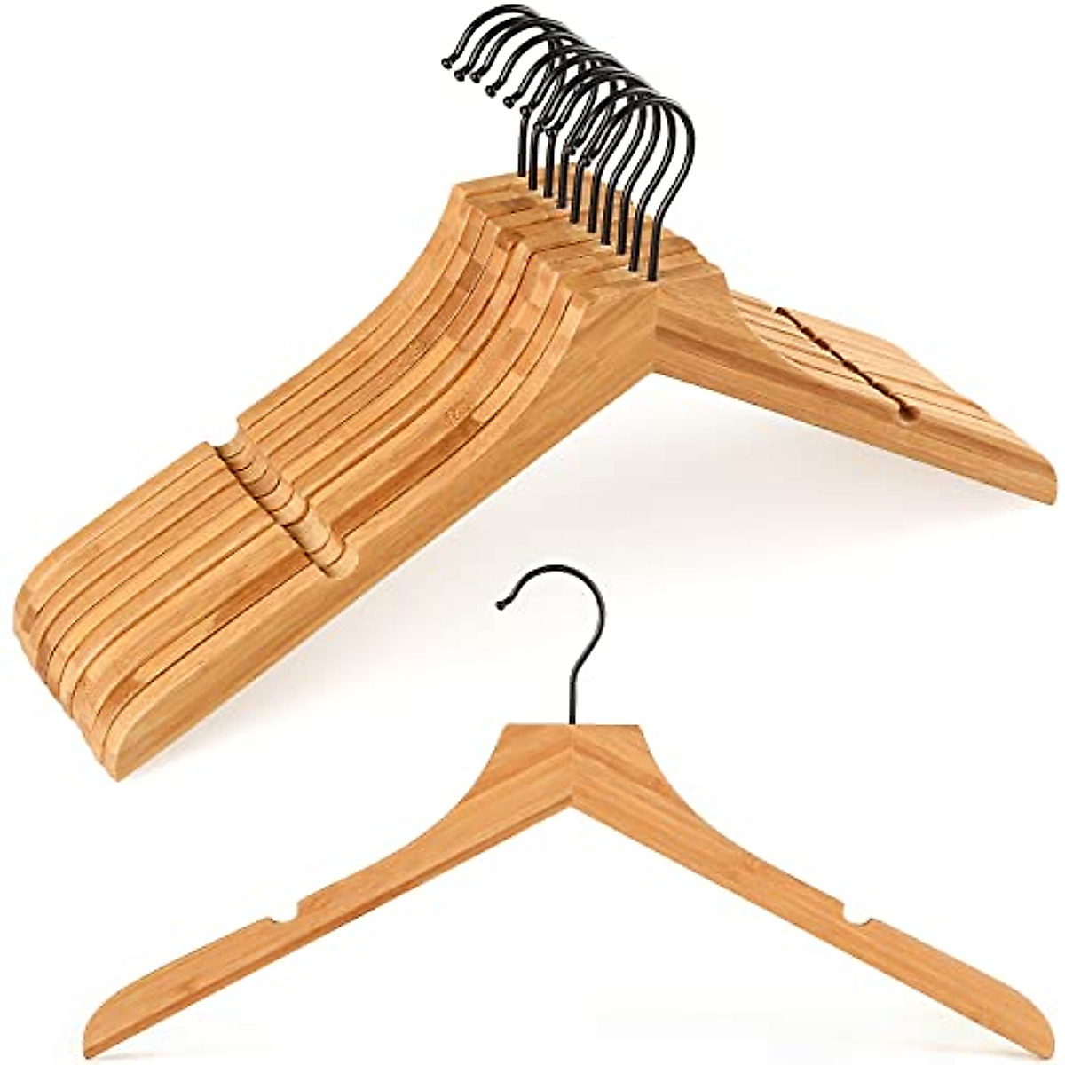 TOPIA HANGER Bamboo Wooden Hangers, Clothes Hangers with Rotatable Black Hook and Smooth Cut Nothces, Set of 12 Durable and Slim Wood Hangers for Coats, Suits, Jackets, Sweaters, Dresses - CTS03