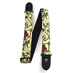 Perris Leather Guitar Strap - Skulls & Roses Jacquard Ribbon Guitar Strap, with Leather Ends - Electric/Acoustic/Bass Guitar Strap - Adjustable Strap From 39″ to 58″ - Red/Black (TWS-7071)