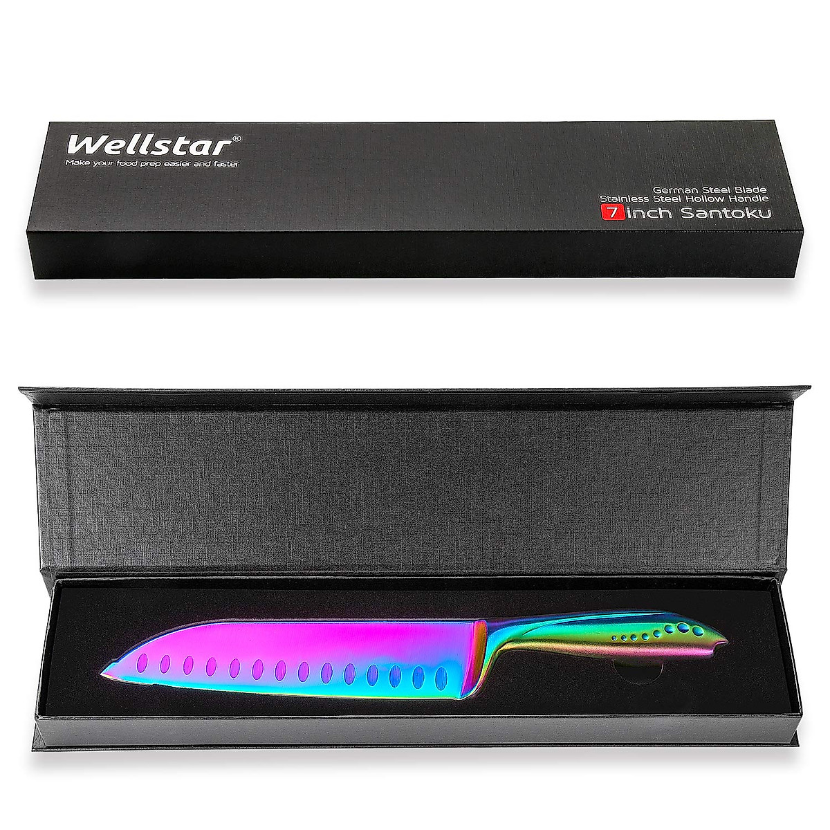 Santoku Knife 7 Inch WELLSTAR, Super Sharp German Steel Kitchen Cooking Knife with Comfortable Handle and Rainbow Titanium Coating for Chopping Slicing Dicing and Mincing of Meat Vegetables and Fruits