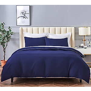DAUAOTO Duvet Cover Full/Queen Set, Navy Blue Microfiber Bedding with Decorative White Piping, 1 Zipper Closure Cover + 2 Standard Shams