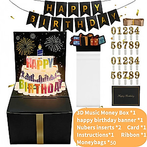 JINSTABAG Money Box for Cash Gift, Birthday Money Pull Box with Music Light DIY Sticker 13th 16th 18th 21th Any Age and Banner, Birthday Decorations for Boys Girls Kids Adult ﻿