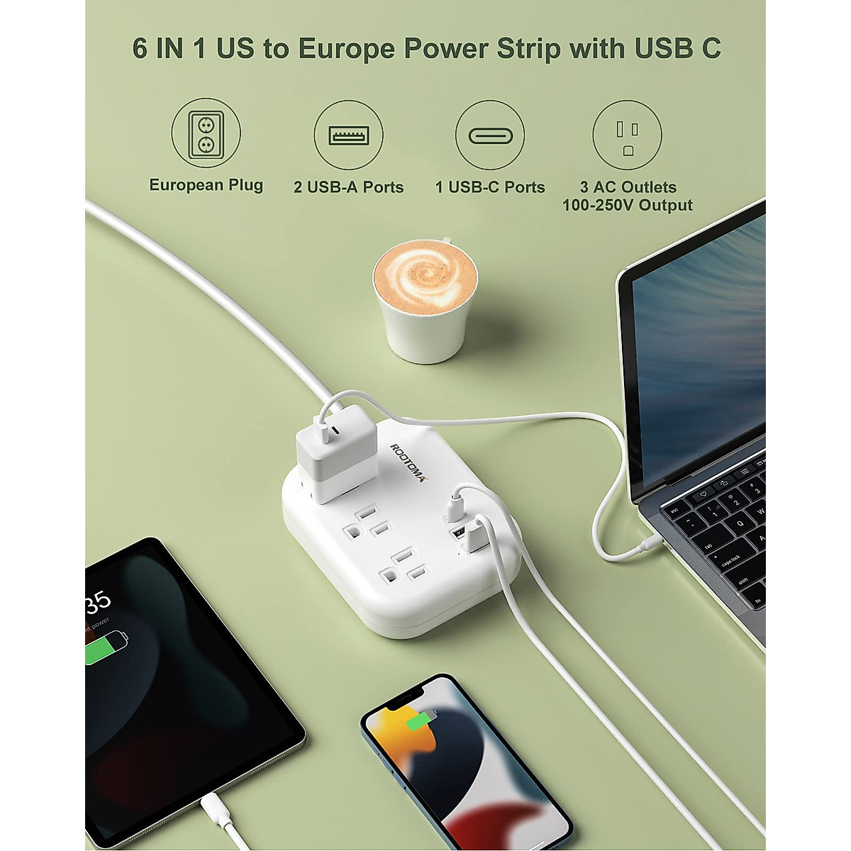 European Travel Plug Adapter with USB C, ROOTOMA Outlet Converter US to Europe 3 Outlets 3 USB Ports, International Power Strip for EU Spain France Germany Iceland Greece, 3ft, White