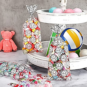 Outus 100 Pieces Volleyball Bags Volleyball Gifts Bags Volleyball Treat Bags Volleyball Print Cellophane Goody Bags with 200 Pieces Twist Ties for Birthday Party Supplies Goody Favor (Transparent)