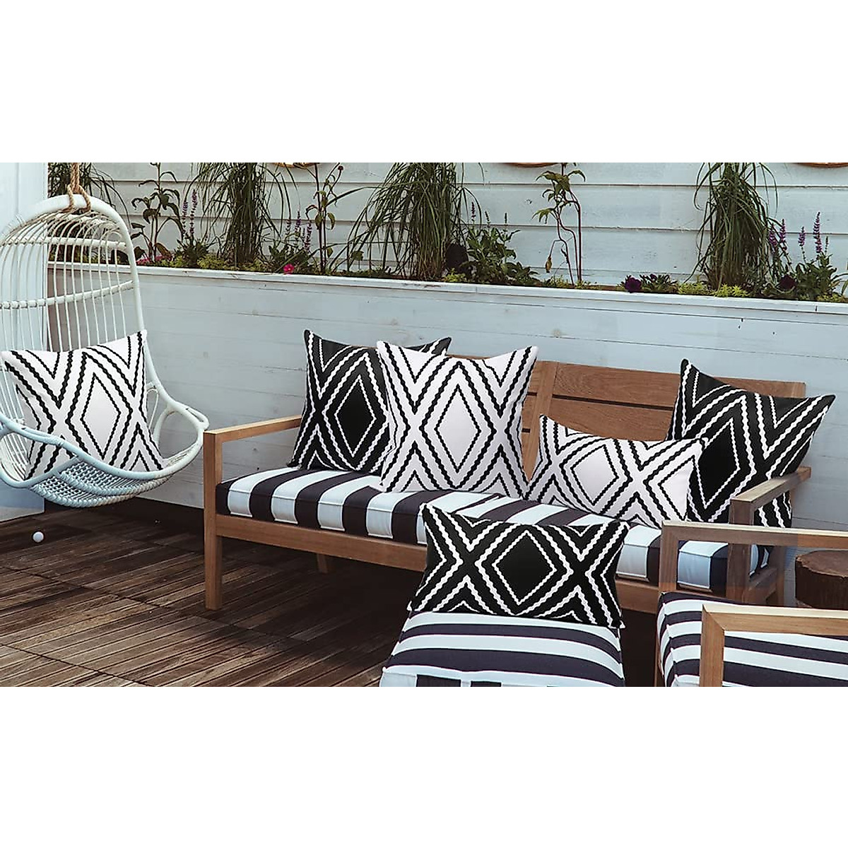 Hckot Outdoor Waterproof Boho Throw Pillow Covers for Patio Furniture Set of 2 Geometric Decorative Pillow Cases for Couch Garden Tent Balcony 18 X 18 Inch(White)