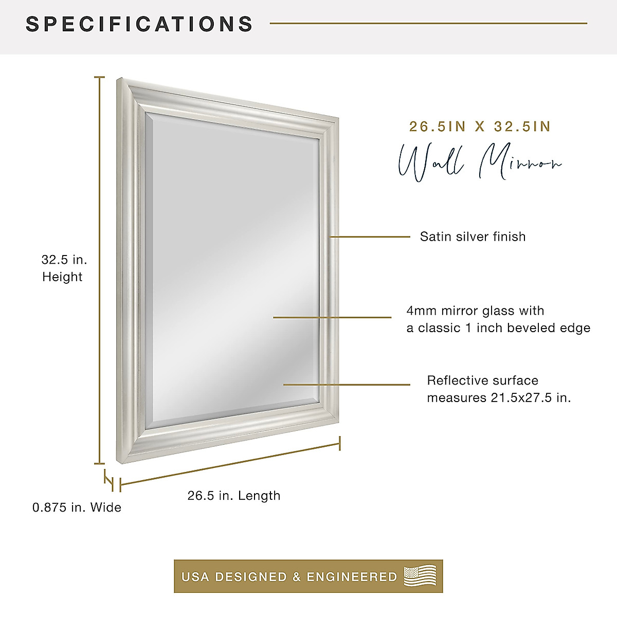 MCS Large Wall Mirror, Modern Rectangle Mirror Home Decor for Living Room, Bedroom, or Bathroom, 26.5 by 32.5 Inch, Brushed Silver