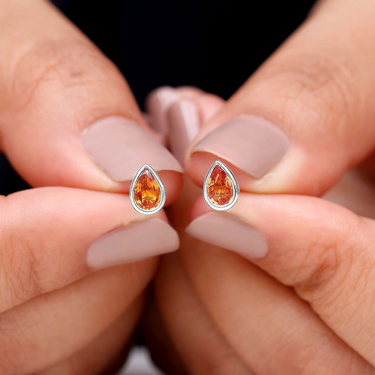 Natural 4X6mm Pear Shape Orange Sapphire Stud Earrings, AAA Quality, Orange Sapphire Solitaire Earrings - Ready to Gift, 14K White Gold