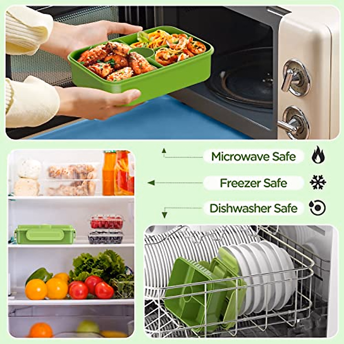 DaCool Kids' Bento Box Toddler Lunch Box for Kids 7.5 Cup 4-Compartment Leakproof with Fork Spoon School Lunch Containers for Meal Snack, Microwave & Dishwasher Safe, BPA Free, Green