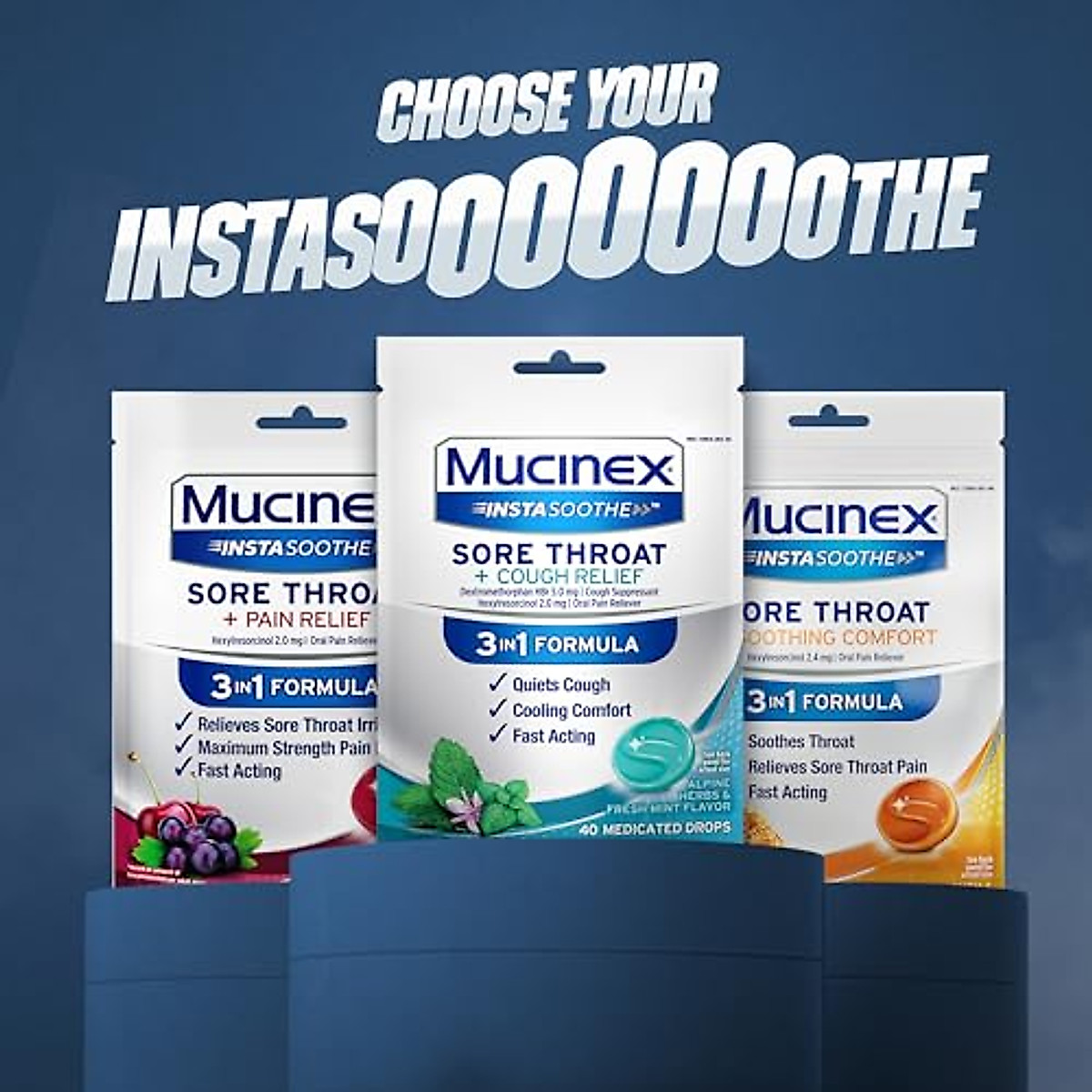 Mucinex Instasoothe Sore Throat Relief + Cough Relief, Sore Throat Lozenges, Cough Drops with Dextromethorphan HBr & Hexylresorcinol, Alpine Herbs & Fresh Mint Flavor Medicated Throat Drops, 40ct
