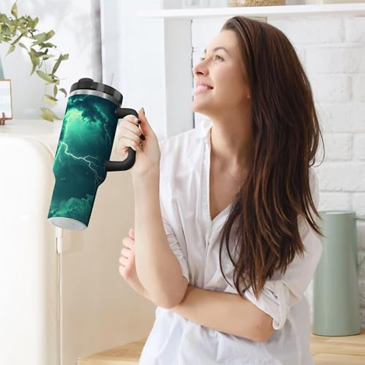 Selerdon 40 oz Tumbler Tornado Green with Handle and Straw Lid Vacuum Stainless Steel Insulated Water Bottle Travel Mug Car Cup Holder Friendly BPA Free for Gym Travel Office