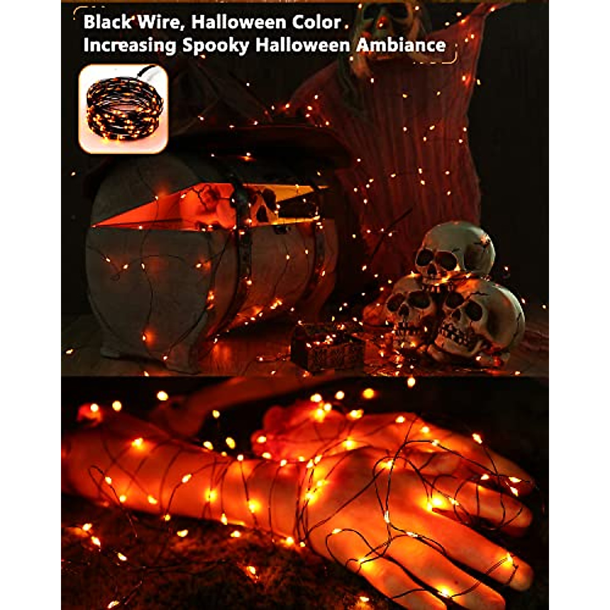 Brizled Orange Lights Halloween, 2 Pack 39.37ft 120 LED Orange Fairy Lights, Solar Powered Halloween Lights 8 Modes, Waterproof Twinkle Halloween Fairy Light for Halloween Party Yard Decor, Black Wire