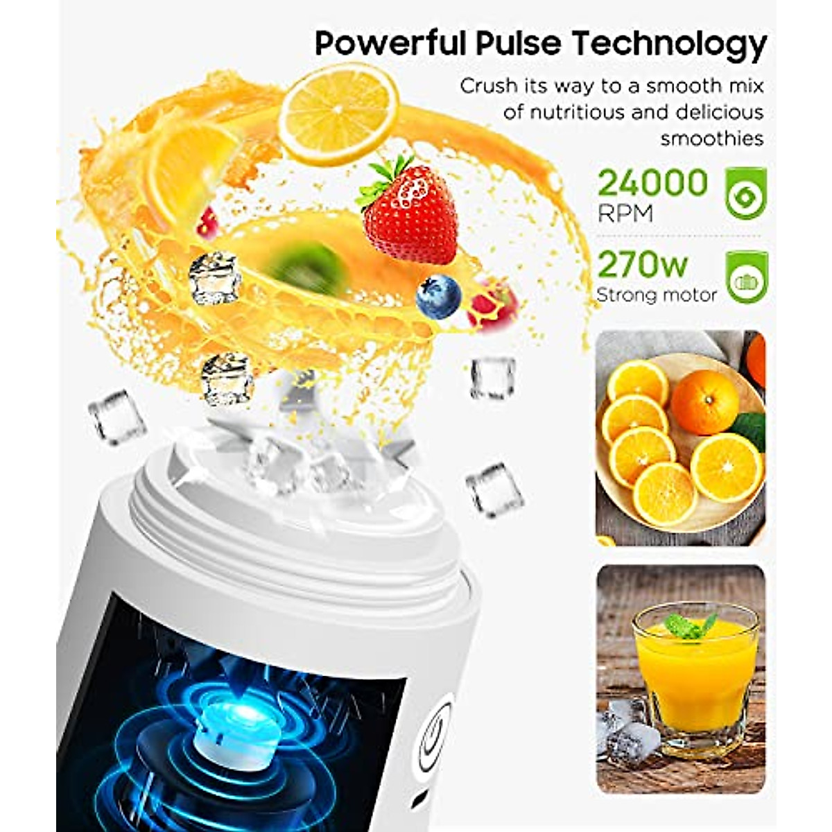 ＭoKo Portable Blender, 270 Watt Personal Blender for Shakes and Smoothies,21OZ Personal Blender USB Rechargeable with 6 Blades, BRA Free, Smoothie Blender for Kitchen Sports Travel and Outdoors,White