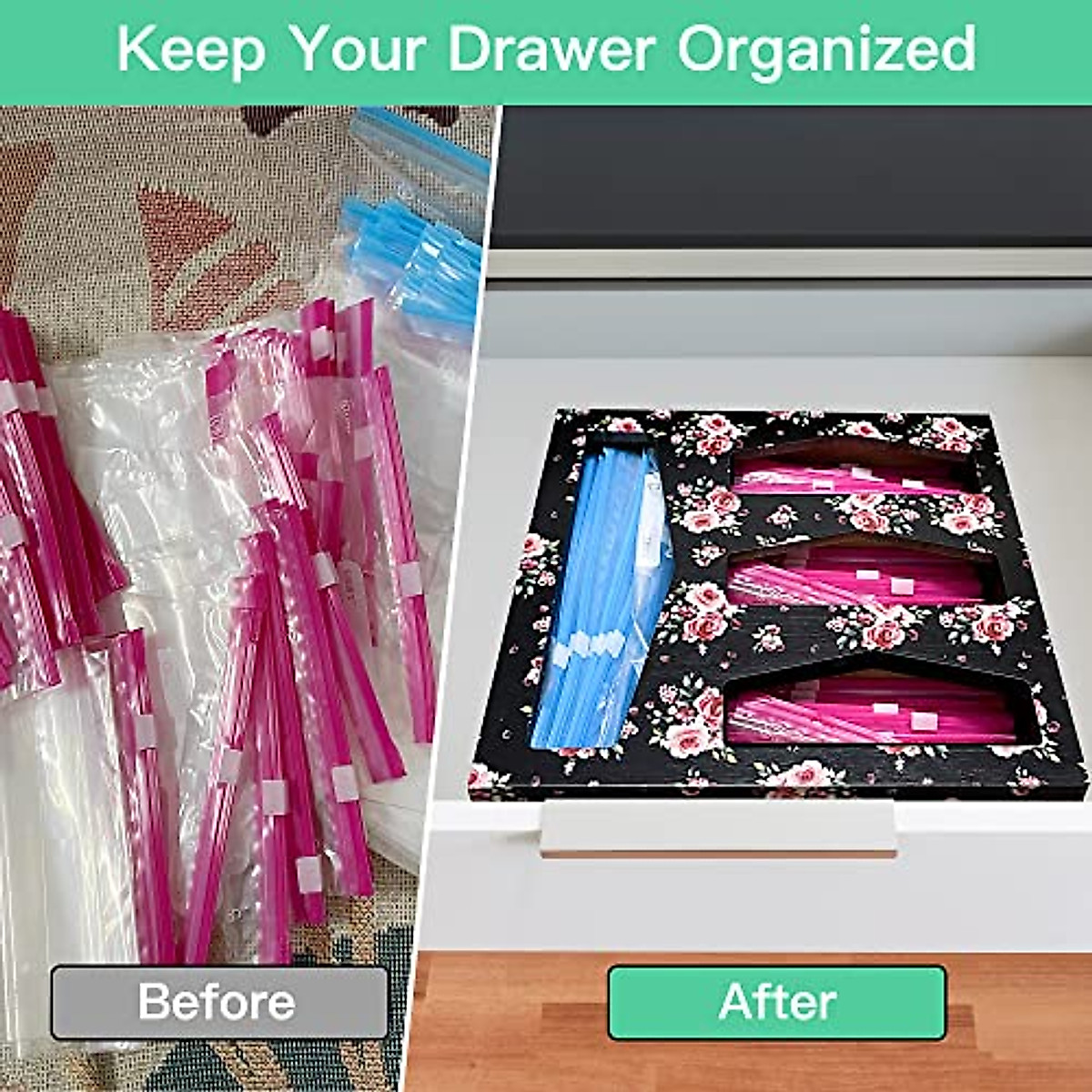Ziplock Bag Storage Organizer, Bamboo Ziplock Bags Container for Drawer, Food Storage Bag Holders Compatible With Ziploc, Solimo, Glad, Hefty For Gallon, Quart, Sandwich And Snack Variety Size Bags (Citrus)