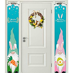Pudodo Hello Spring and Happy Easter Porch Banner Swedish Gnome Bunny Colorful Eggs Front Door Party Decoration