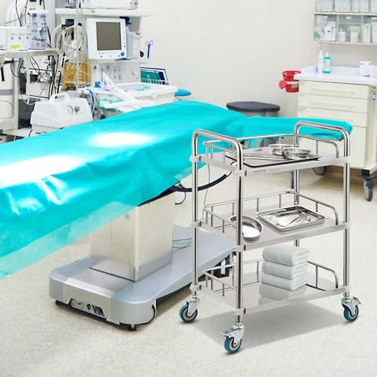VEVOR Lab Rolling Cart, 3-Shelf Stainless Steel Rolling Cart, Lab Serving Cart with Swivel Casters, Dental Utility Cart for Clinic, Lab, Hospital, Salon, 26.38"x15.55"x34.13"