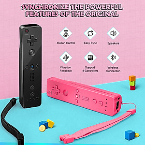 PGYFDAL Wii Controller 2 Pack, Wii Remote Controller and Nunchuck Joystick with Silicone Case and Wrist Strap for Holiday (Black and Pink)