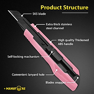 MANUFORE 2 Pack Pink Snap-off Utility Knife 9mm 30 Degree Knife and 18mm Knife Set with 20pcs Black Blades for Cutting Paper, cardboard