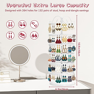 MODOWEY 6 Tier Rotating Metal Earring Holder Organizer Stand Adjustable Display Tree for Women, 264 Holes Large Storage Rack for Stud Post Dangling Hoop, Keep Earrings Neatly Arranged(White)