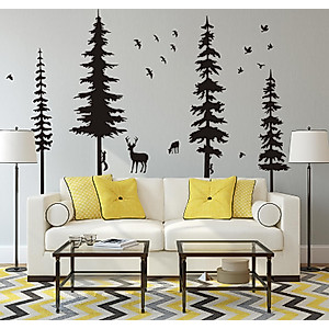 Pine Tree Wall Decals Woodland Vinyl Wall Sticker Forest Wall Decals with Animal Wall Stickers Squirrels Deers Wall Stickers for Kids Nursery Children Room Living Room Wall Decoration (Black)