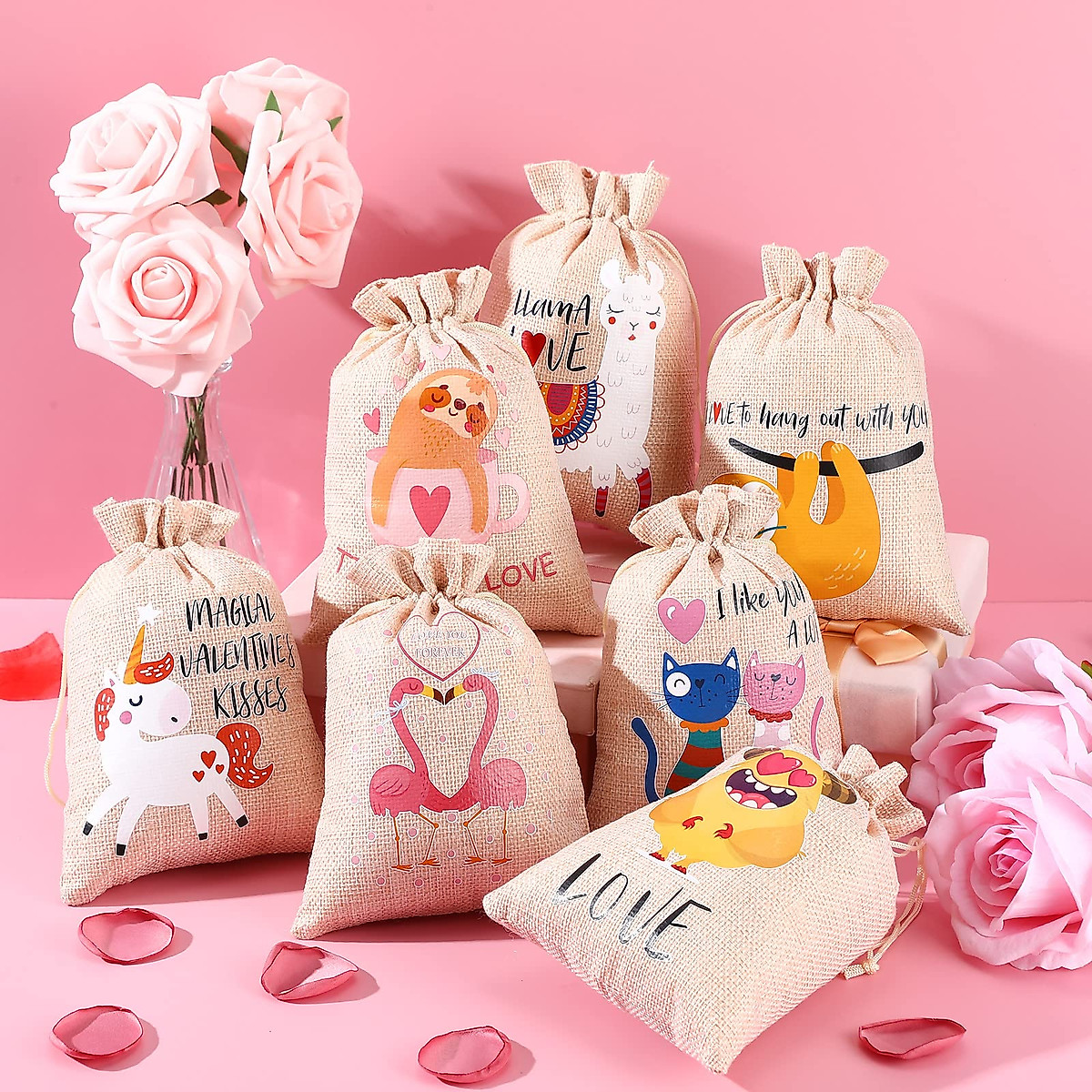 Zhengmy 100 Pcs Valentine Drawstrings Burlap Bags for Kids Valentine's Day Burlap Bags Valentines Goodie Bags Valentines Gifts Canvas Heart Bags Candy Pouches for Wedding Shower DIY Craft, 5 x 7 Inch