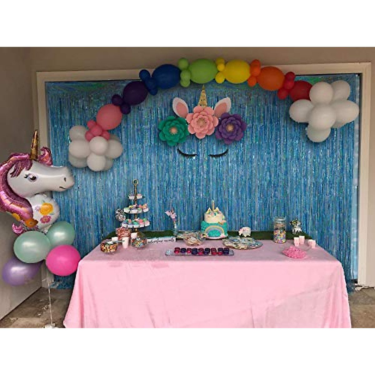 Foil Fringe Curtains Party Decorations - Melsan 3 Pack 3.2 x 8.2 ft Tinsel Curtain Party Photo Backdrop for Birthday Party Baby Shower or Graduation Decorations Light Blue