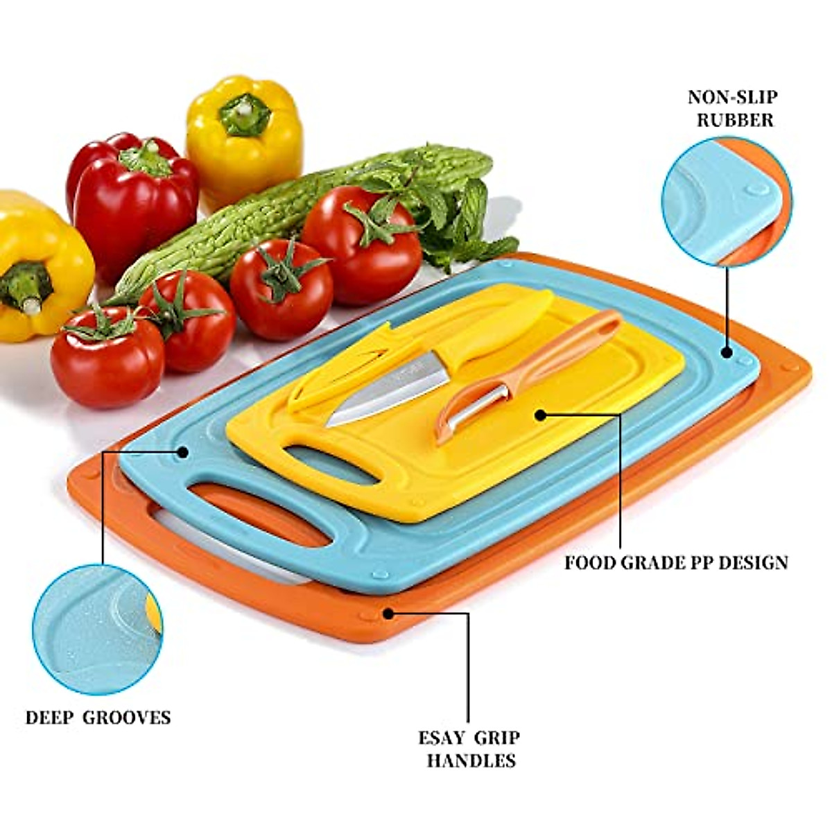 Plastic Cutting Board for Kitchen, 3 Pieces Dishwasher Safe Cutting Boards with Juice Groove, Durable, Non-Slip, BPA-Free, and Knife Friendly Cutting Board Set - Perfect for Meat, Vegetables, Fruits