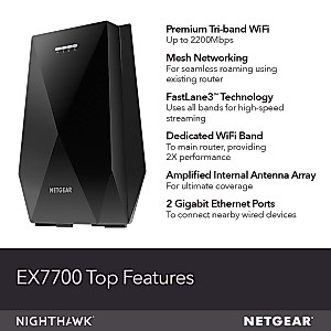 NETGEAR WiFi Mesh Range Extender EX7700 - Coverage up to 2000 sq.ft. and 40 Devices with AC2200 Tri-Band Wireless Signal Booster & Repeater (up to 2200Mbps Speed), Plus Mesh Smart Roaming (Renewed)