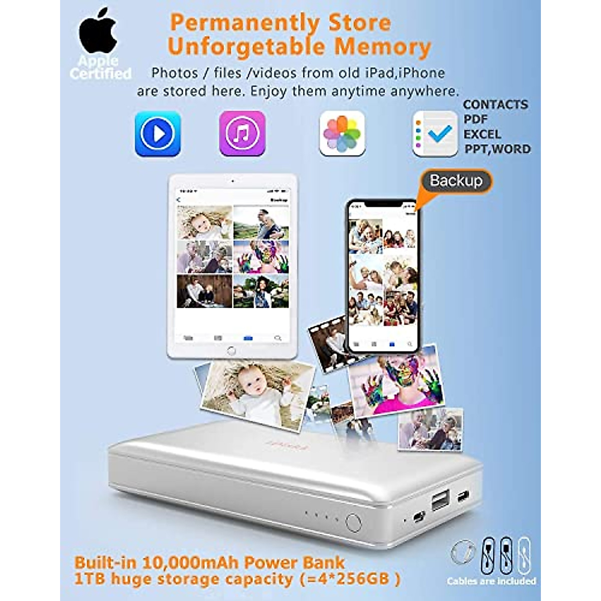 iDiskk 【Mfi Certified Plug-Play】 1TB External Hard Drive for iPad iPhone 15 Android Photo Backup Storage for iPhone 15/14/13/12/12 Pro Max/12 pro/11 pro/X/XR,Mac/iMac/PC, Built-in 10000mAh Power Bank