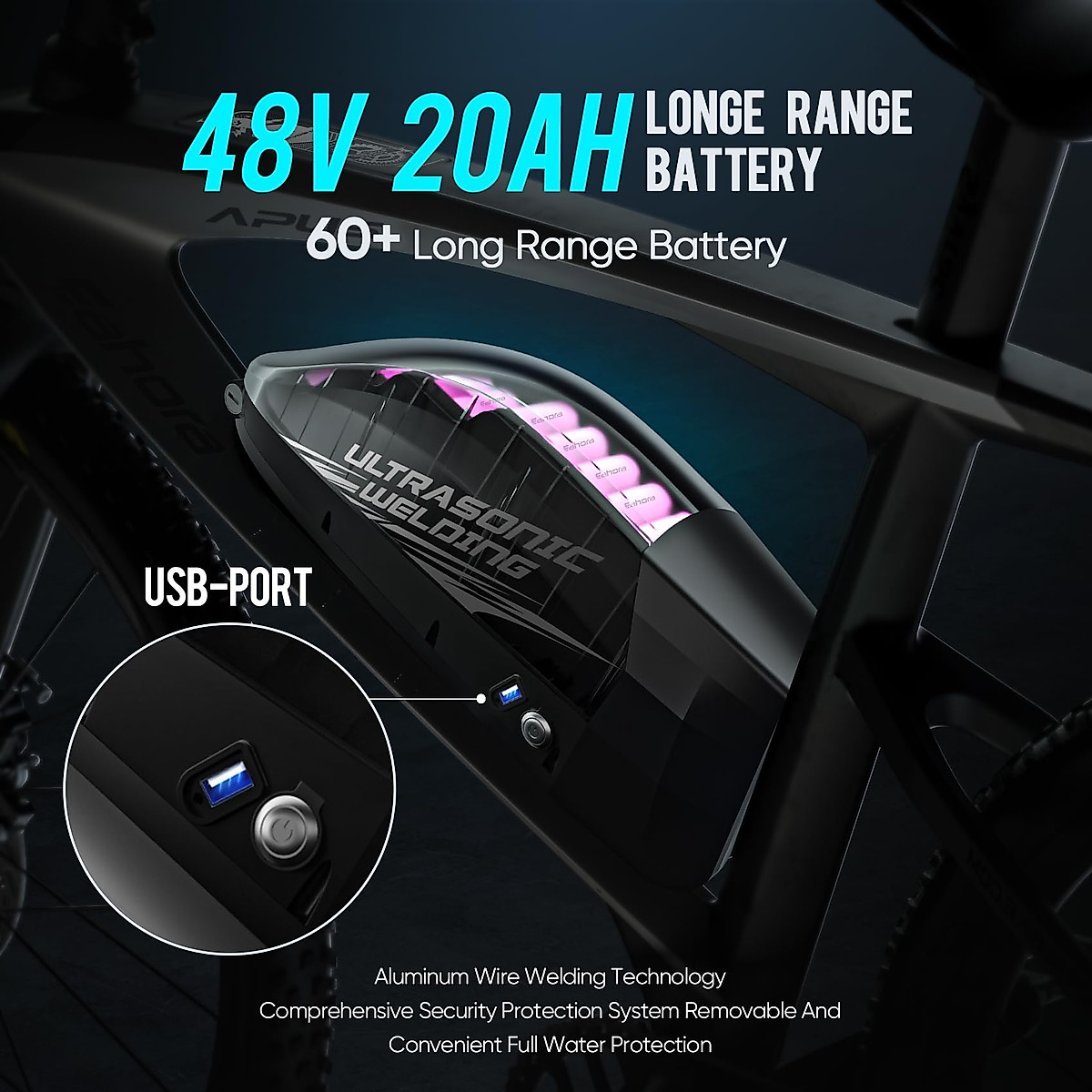 eAhora APUS Peak 1000W Electric Bike 20Ah Carbon Fiber Electric Bikes 26 Inch Electric Mountain Bike,Color Display with USB Port, GRAY