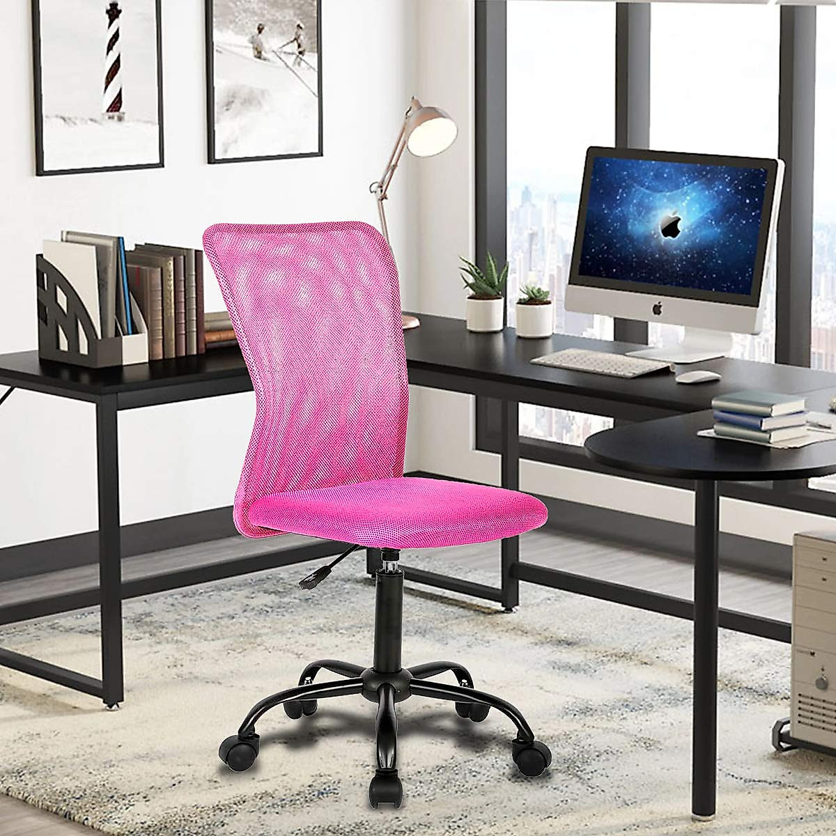Simple Mesh Office Chair, Ergonomic Office Chair Armless Home Office Chair Adjustable Computer Chair Task Rolling Swivel Chair Black Desk Chair for Working,Meeting - Pink