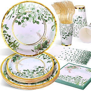 Etsutomy Sage Green Party Decoration, 126PCS Sage Green Plates and Napkins Party Supplies, Spring Greenery Eucalyptus Green Leaves Disposable Dinnerware Decor for Wedding Birthday Baby Shower